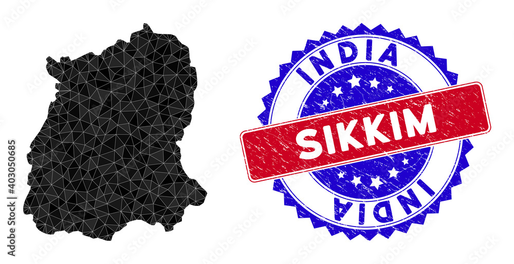 Sikkim State map polygonal mesh with filled triangles, and distress ...