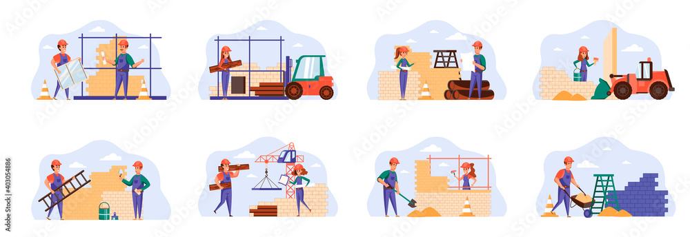 Builders scenes bundle with people characters. Engineer, painter, road ...