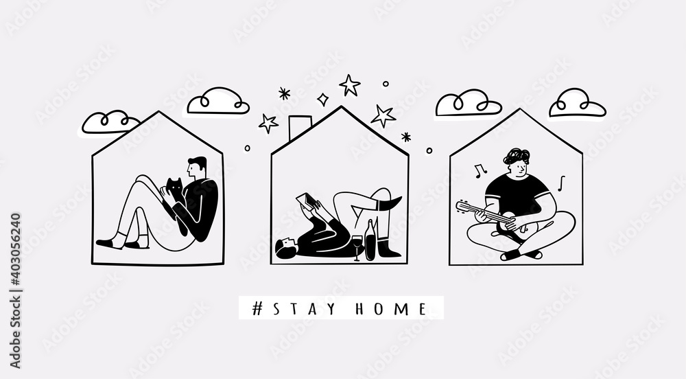 Set of three Persons isolated at the tiny houses. Cute characters. Stay ...