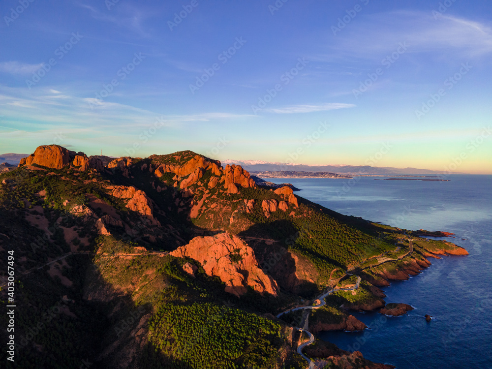 Massif de l'Esterel Aerial view during sunset, showing Cannes in the ...
