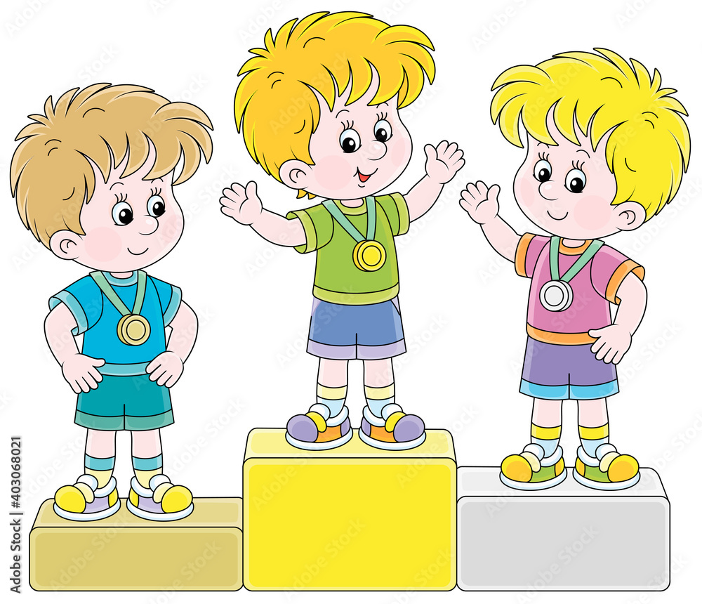 Happy little kids winners with gold, silver and bronze medals standing ...