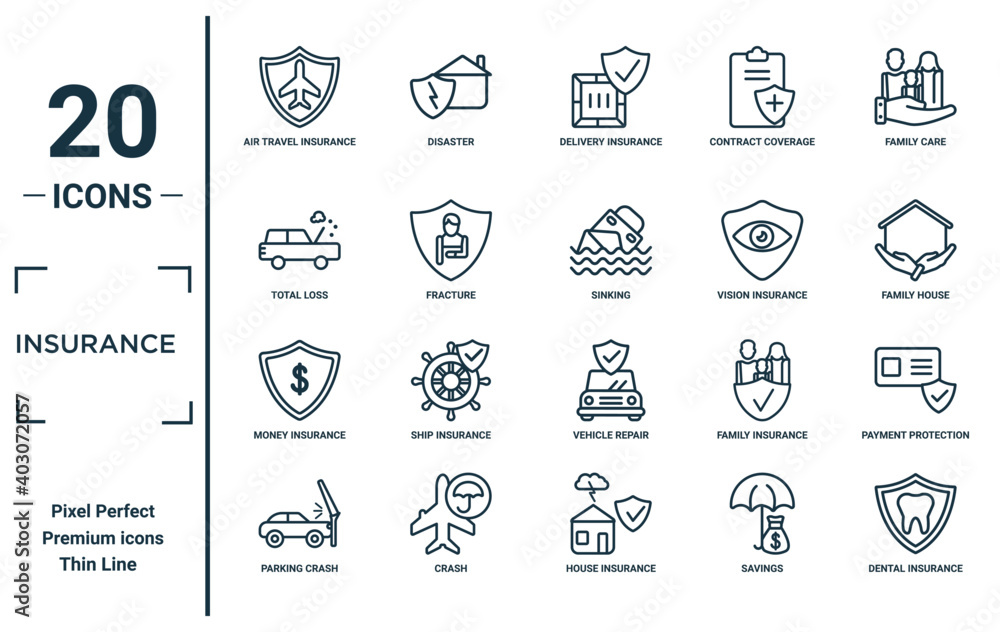 insurance linear icon set. includes thin line air travel insurance ...
