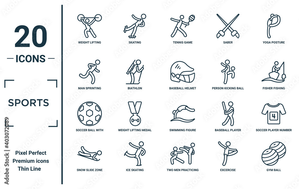 sports linear icon set. includes thin line weight lifting, man ...