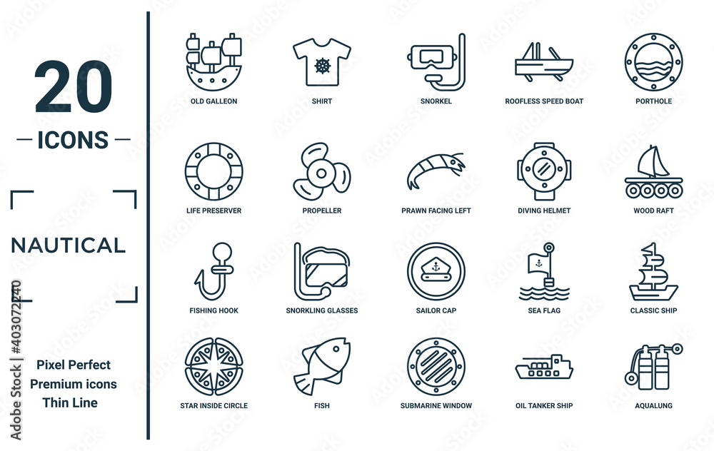 nautical linear icon set. includes thin line old galleon, life ... nautical linear icon set. includes thin line old galleon, life ...