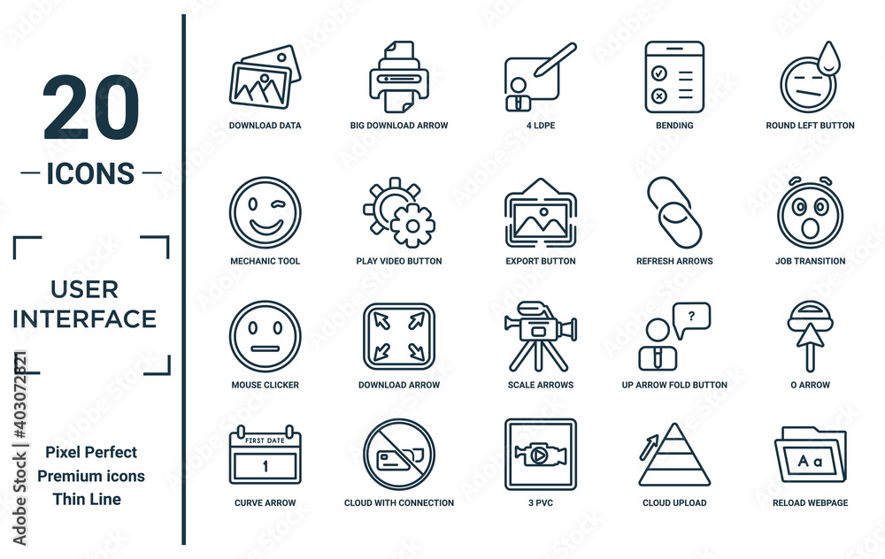 user.interface linear icon set. includes thin line download data, mechanic tool, mouse clicker ...