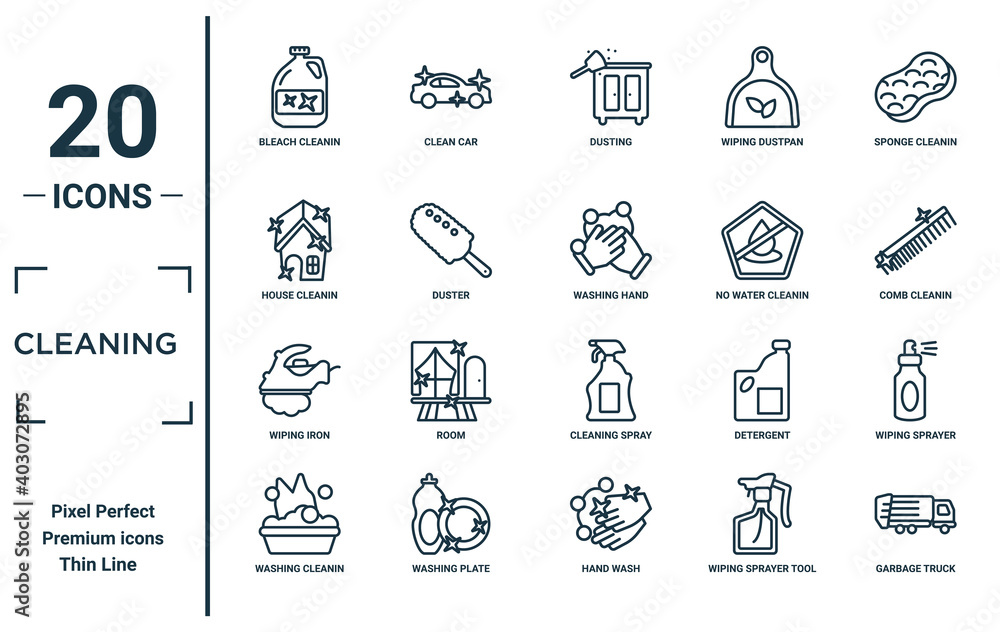 cleaning linear icon set. includes thin line bleach cleanin, house ...