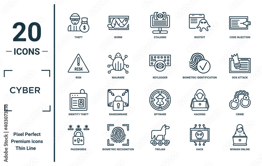 Vecteur Stock cyber linear icon set. includes thin line theft, risk ...