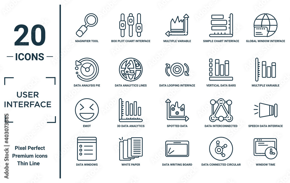 user.interface linear icon set. includes thin line magnifier tool, data ...