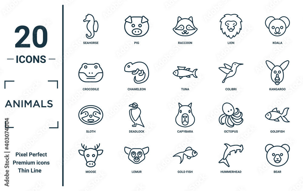 animals linear icon set. includes thin line seahorse, crocodile, sloth ...