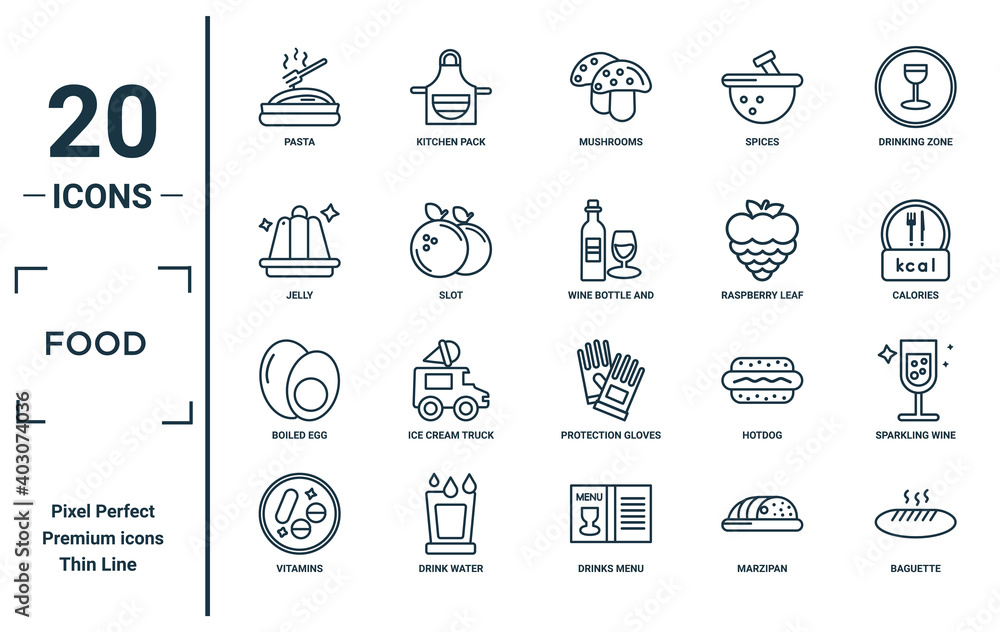 food linear icon set. includes thin line pasta, jelly, boiled egg ...