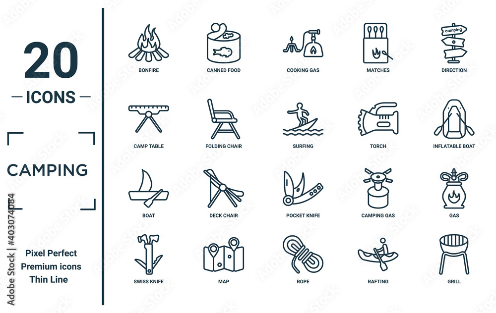 camping linear icon set. includes thin line bonfire, camp table, boat ...