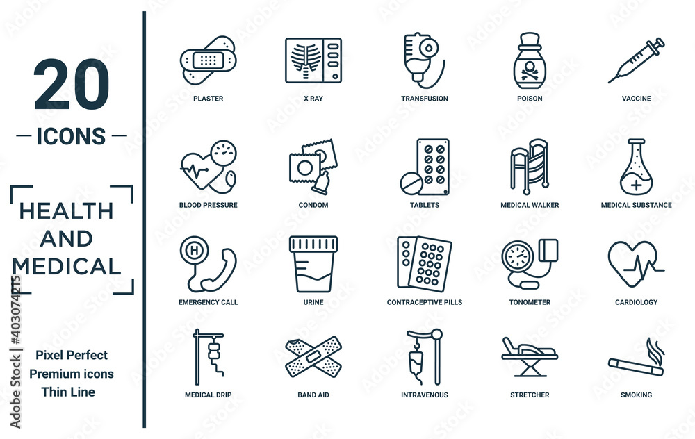 health.and.medical linear icon set. includes thin line plaster, blood ...