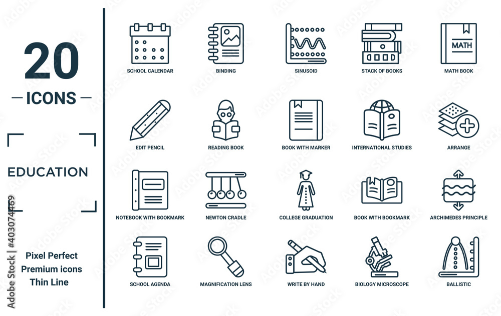 education linear icon set. includes thin line school calendar, edit ...