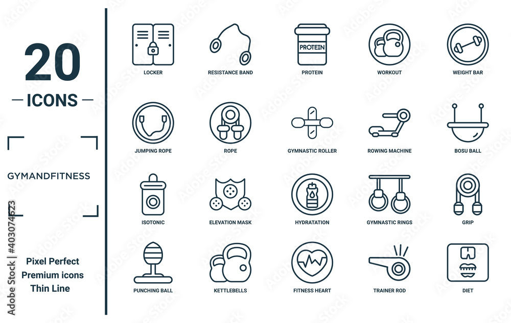 gymandfitness linear icon set. includes thin line locker, jumping rope ...