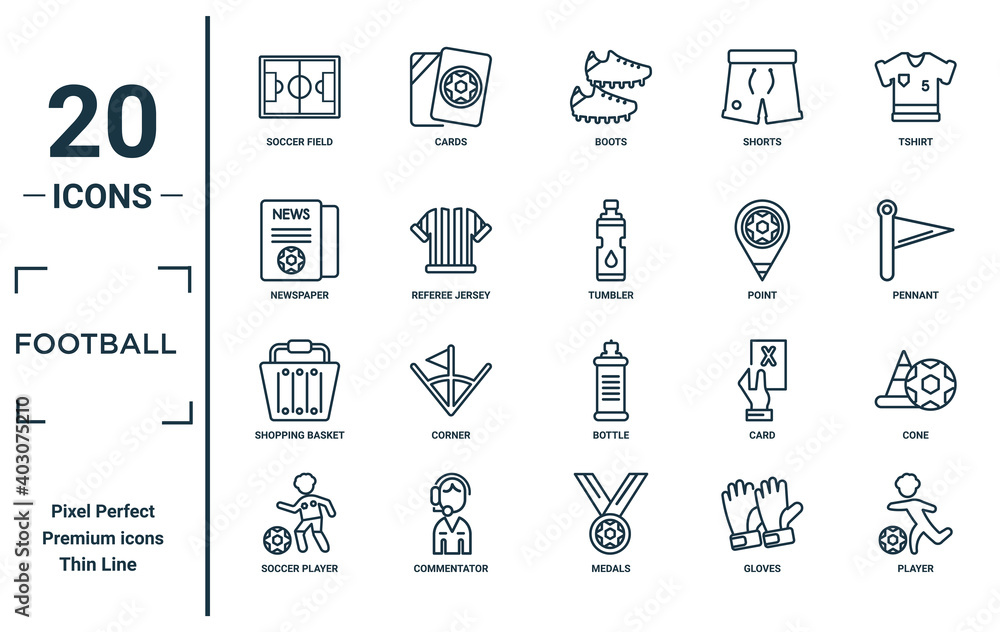 football linear icon set. includes thin line soccer field, newspaper ...