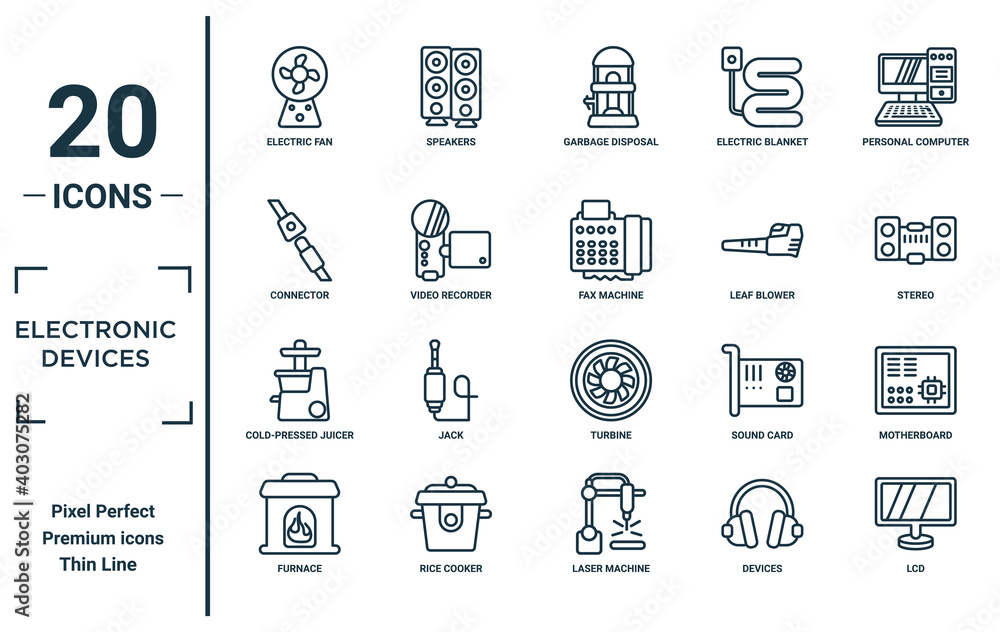 electronic.devices linear icon set. includes thin line electric fan ...