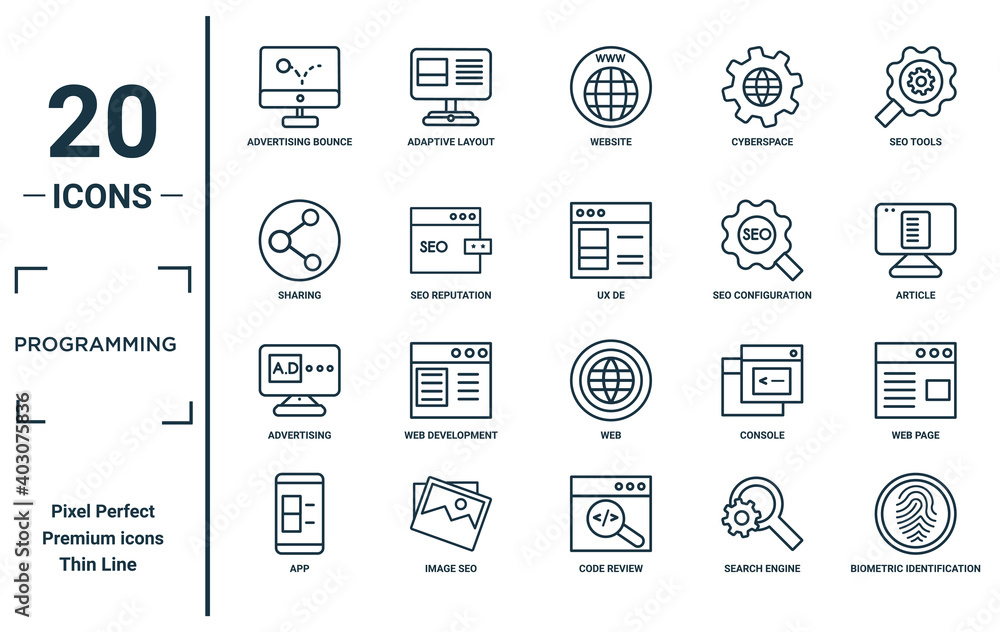 programming linear icon set. includes thin line advertising bounce ... programming linear icon set. includes thin line advertising bounce ...