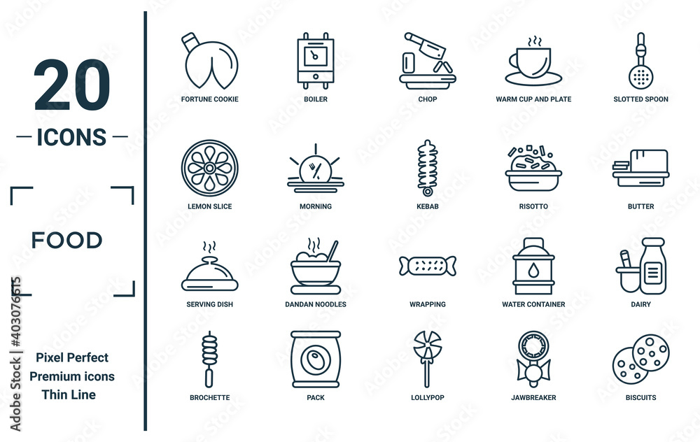 food linear icon set. includes thin line fortune cookie, lemon slice ...
