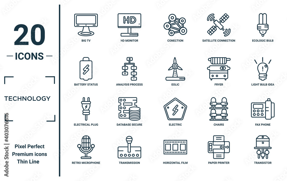 technology linear icon set. includes thin line big tv, battery status ...