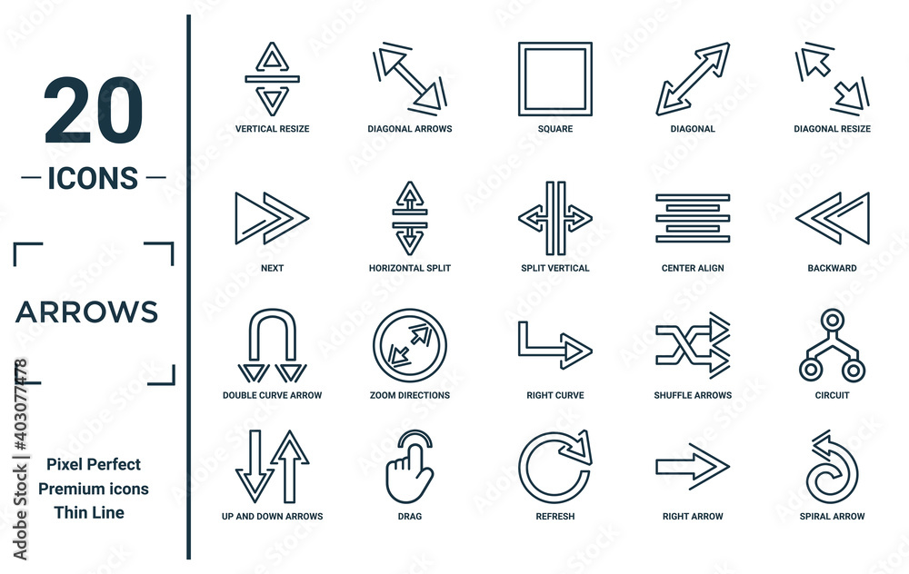 arrows linear icon set. includes thin line vertical resize, next, double curve arrow, up and ...