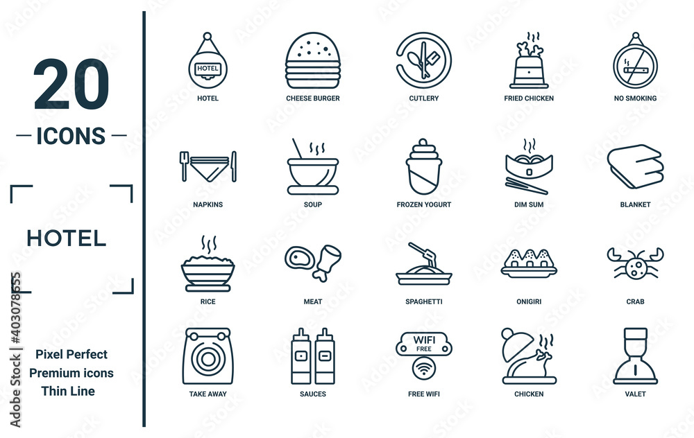 hotel linear icon set. includes thin line hotel, napkins, rice, take ...