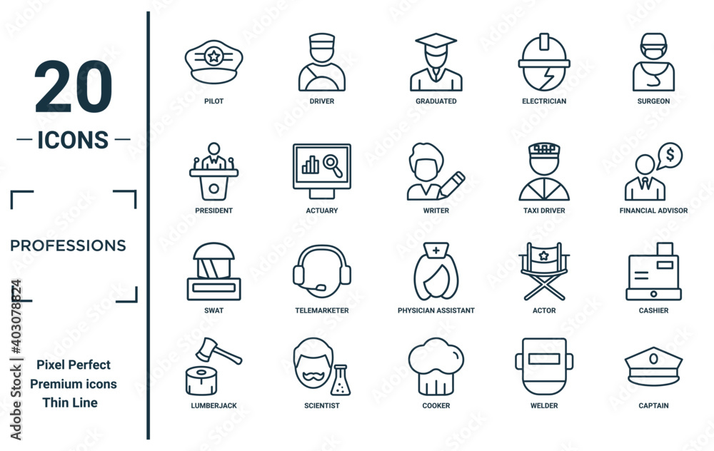 professions linear icon set. includes thin line pilot, president, swat ...