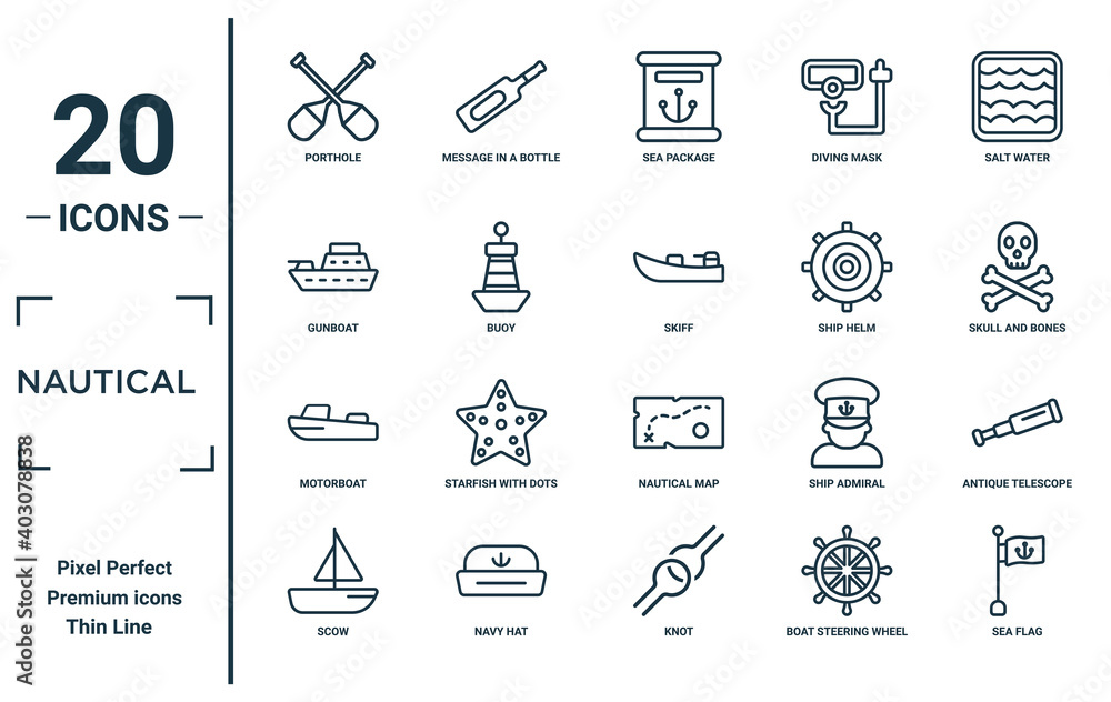nautical linear icon set. includes thin line porthole, gunboat ...
