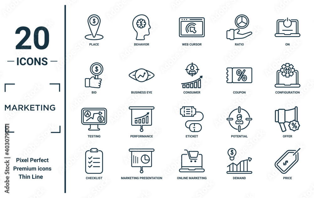 marketing linear icon set. includes thin line place, bid, testing ...