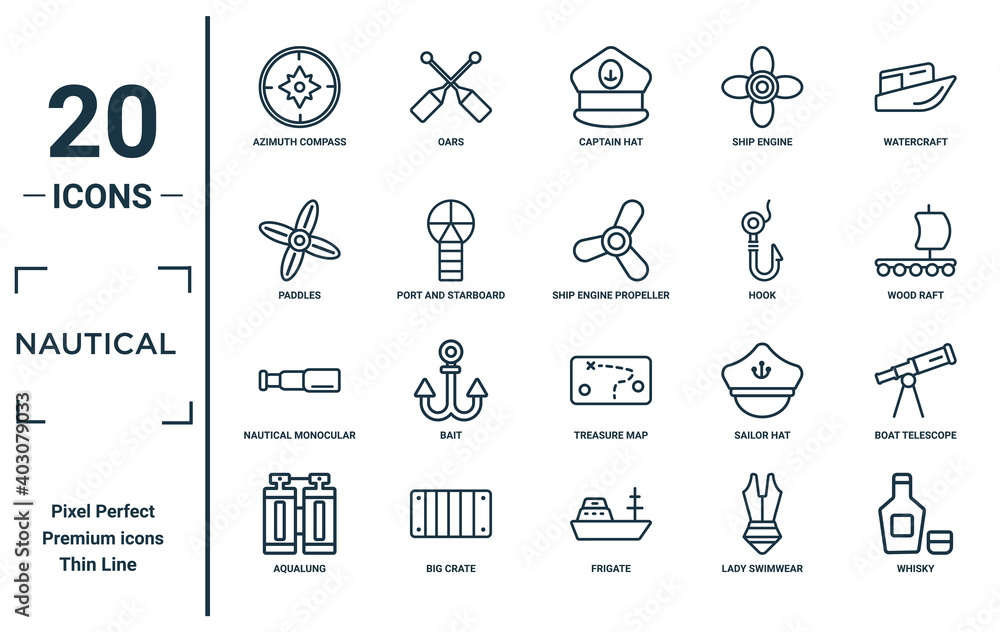 nautical linear icon set. includes thin line azimuth compass, paddles ... nautical linear icon set. includes thin line azimuth compass, paddles ...