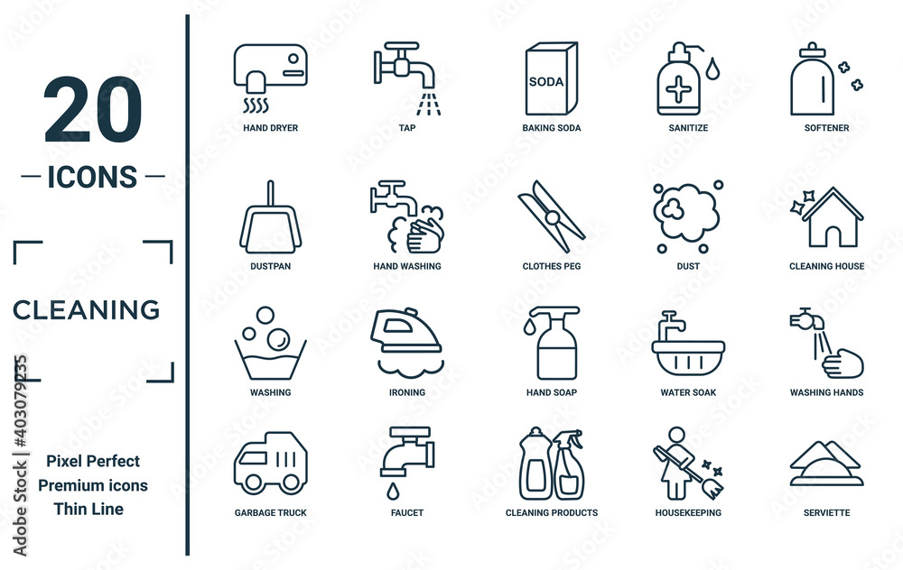 cleaning linear icon set. includes thin line hand dryer, dustpan ...