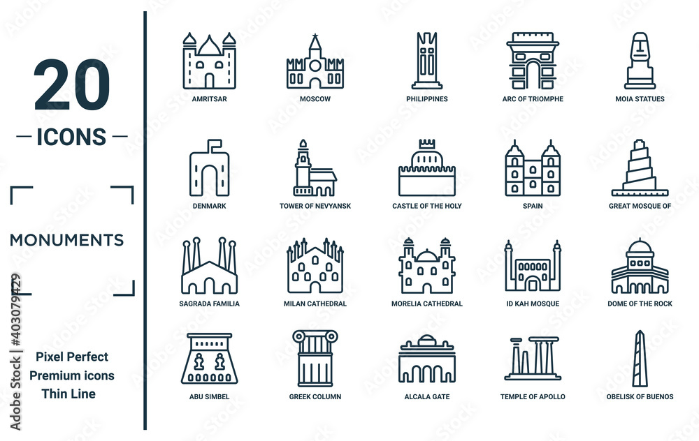 monuments linear icon set. includes thin line amritsar, denmark ... monuments linear icon set. includes thin line amritsar, denmark ...