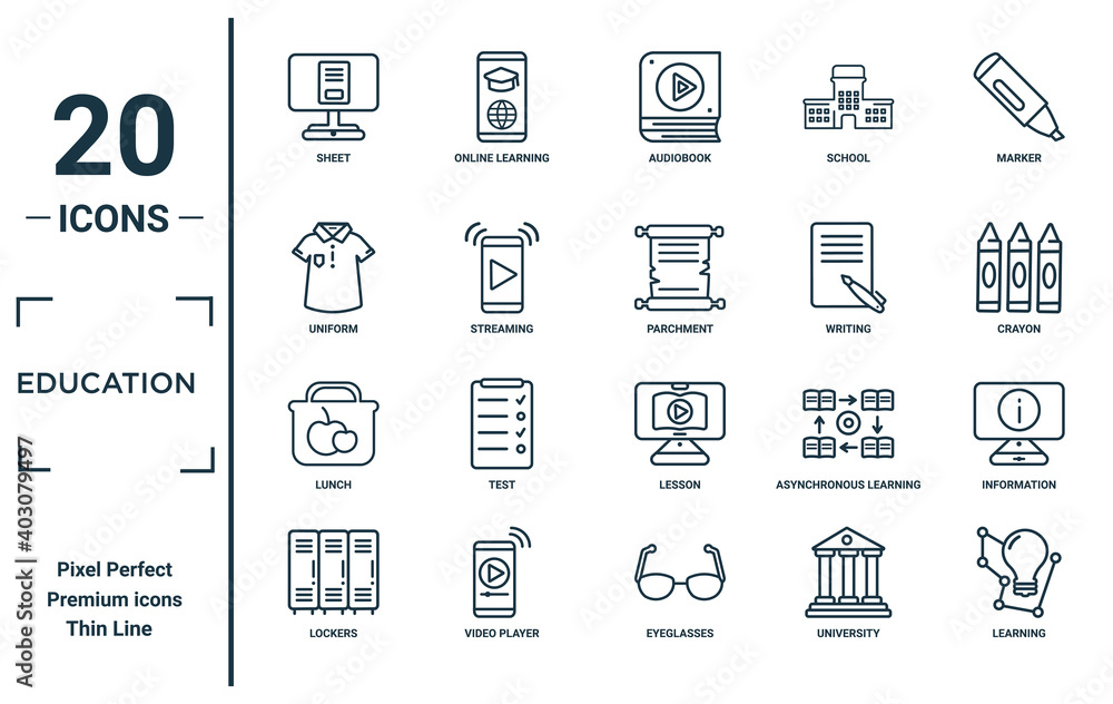 Vecteur Stock education linear icon set. includes thin line sheet ...