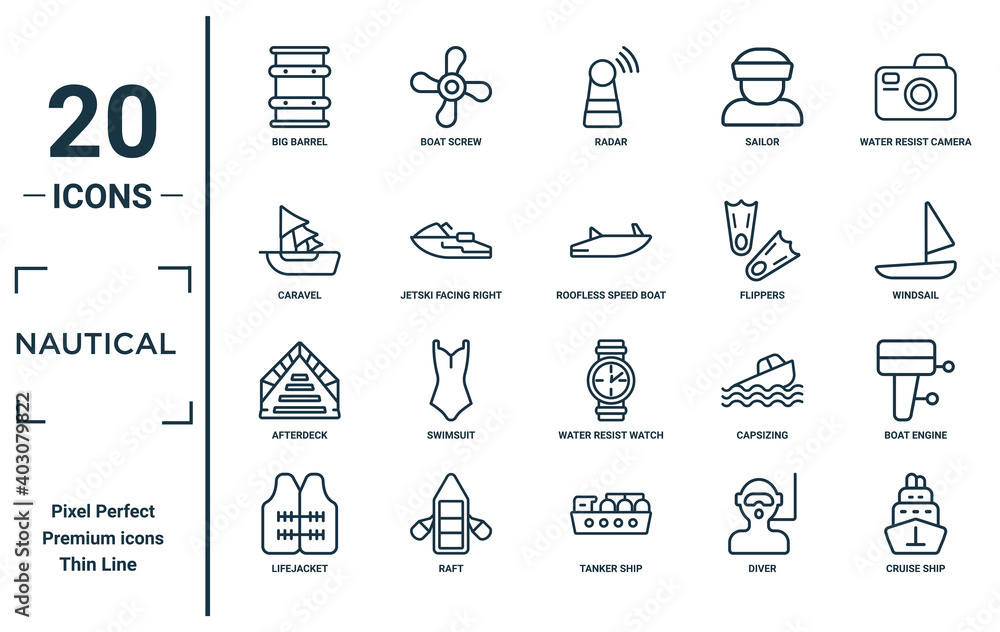 nautical linear icon set. includes thin line big barrel, caravel ... nautical linear icon set. includes thin line big barrel, caravel ...