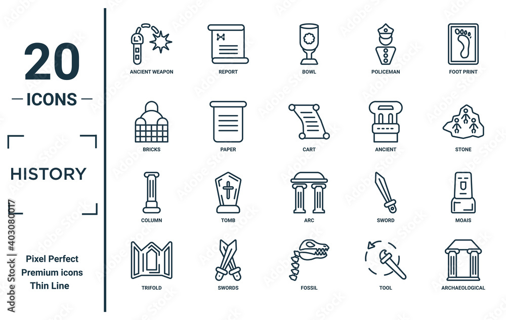 history linear icon set. includes thin line ancient weapon, bricks ...