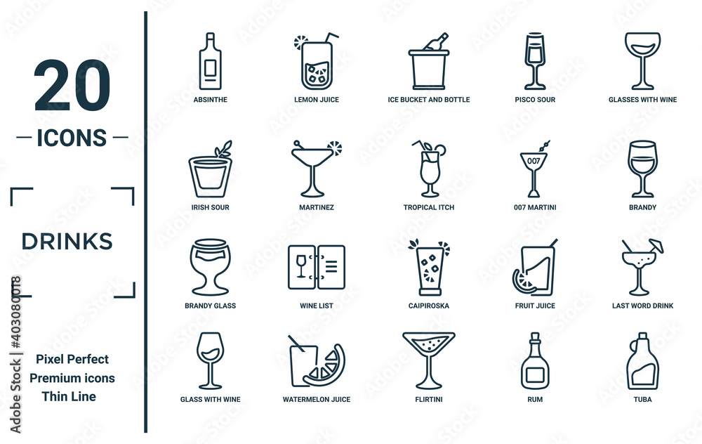 drinks linear icon set. includes thin line absinthe, irish sour, brandy ...
