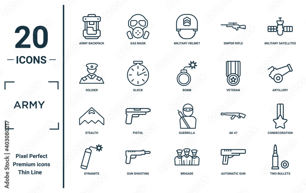army linear icon set. includes thin line army backpack, soldier ...