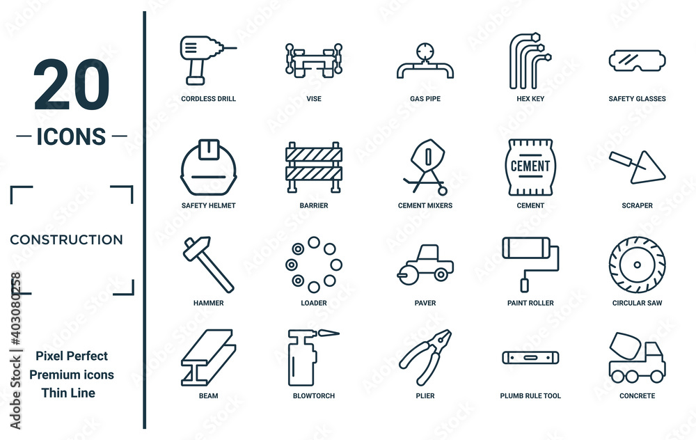 construction linear icon set. includes thin line cordless drill, safety ...