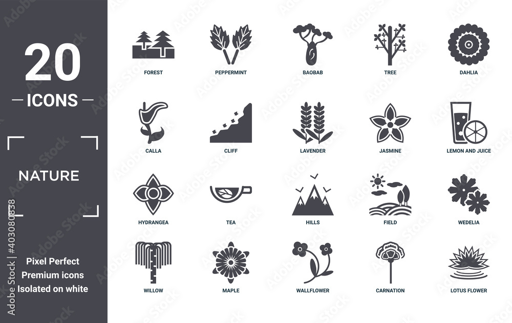 nature icon set. include creative elements as forest, dahlia, jasmine ...