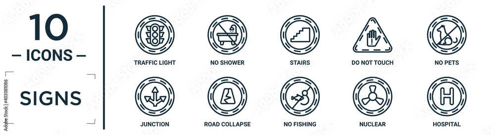 signs linear icon set. includes thin line traffic light, stairs, no ...