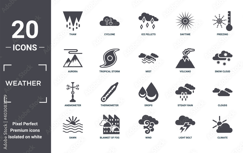 weather icon set. include creative elements as thaw, freezing, volcano ...