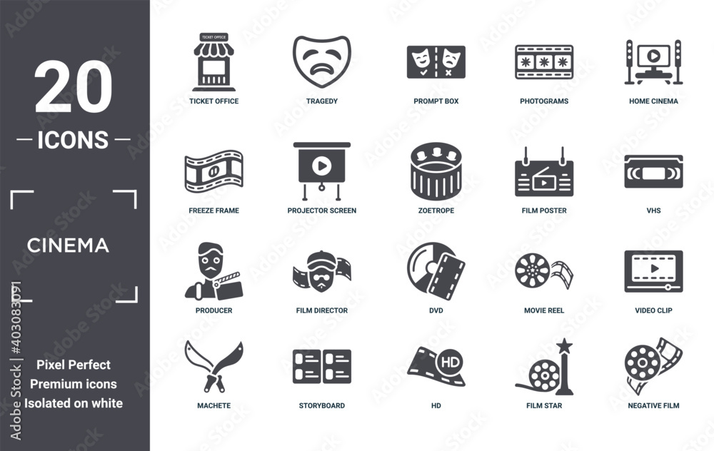 cinema icon set. include creative elements as ticket office, home ...