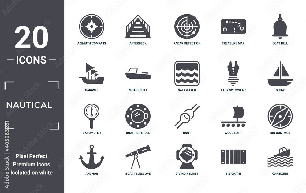 nautical icon set. include creative elements as azimuth compass, boat ...
