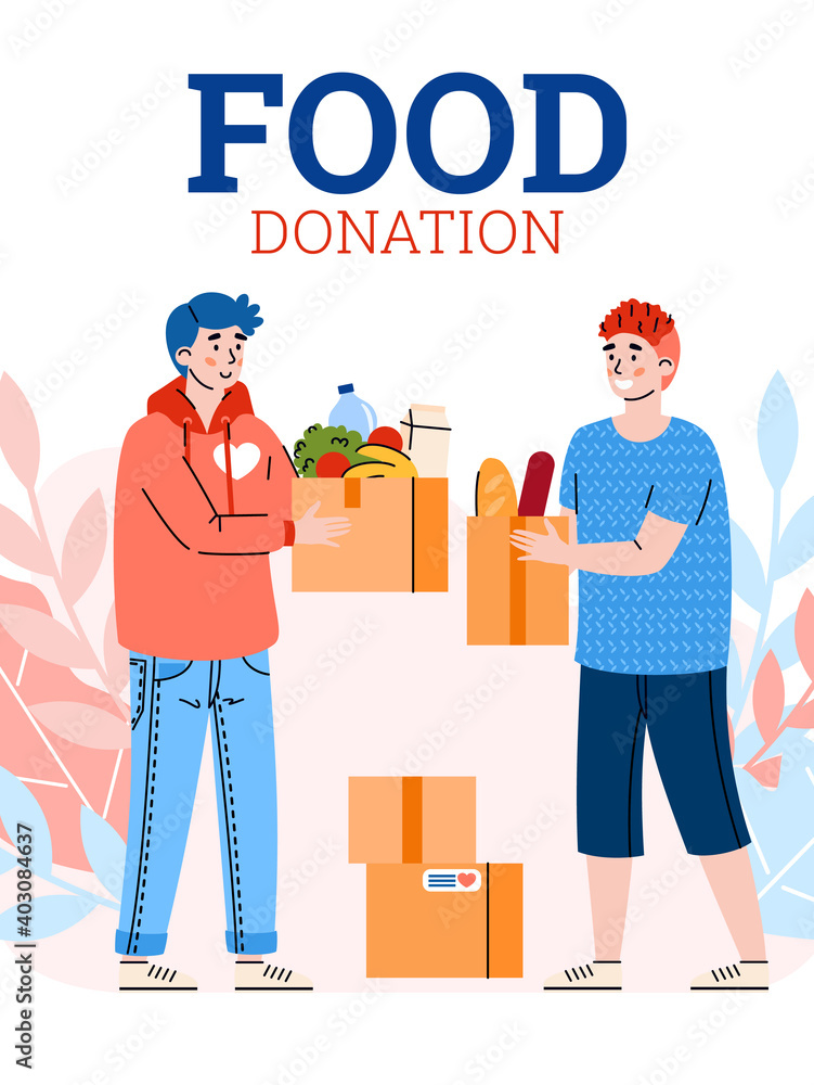 Food donation banner or poster design with cartoon characters of ...