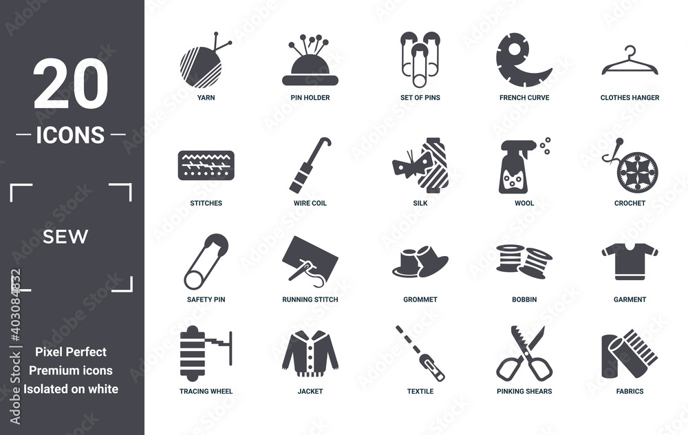 sew icon set. include creative elements as yarn, clothes hanger, wool ...