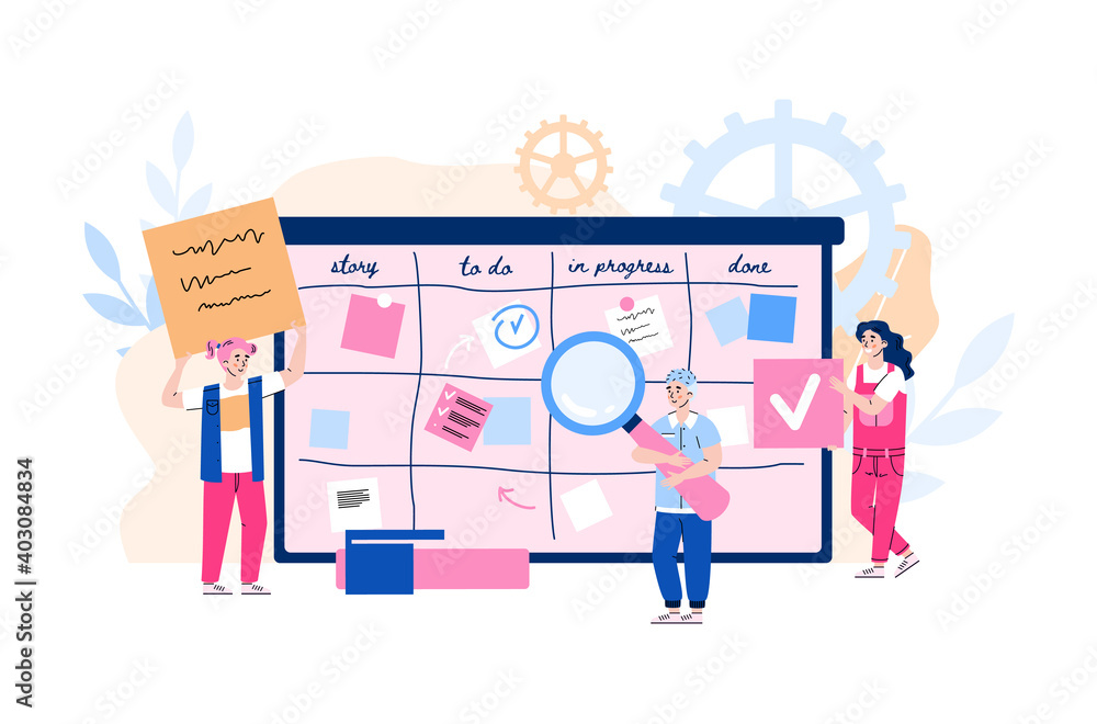 Tiny people standing next to tasks board. Programmers or developers ...