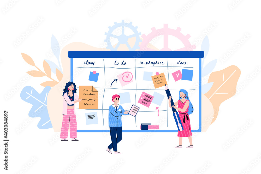 Agile development concept. Scrum team of people move color cards on board from start to finish ...