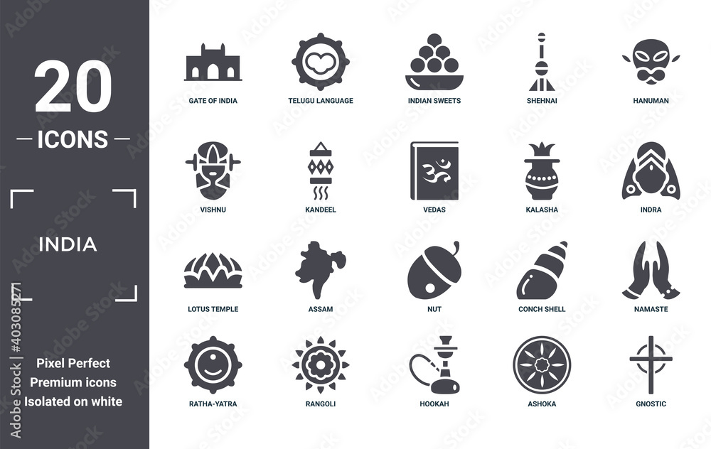 india icon set. include creative elements as gate of india, hanuman ...