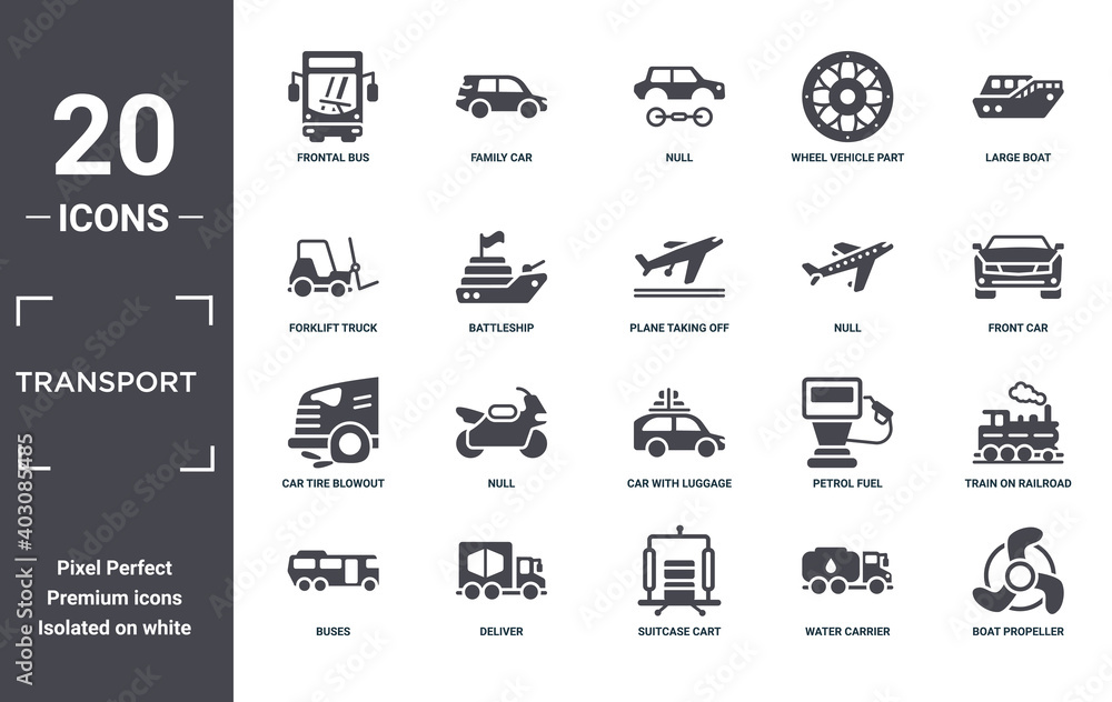 transport icon set. include creative elements as frontal bus, large ...