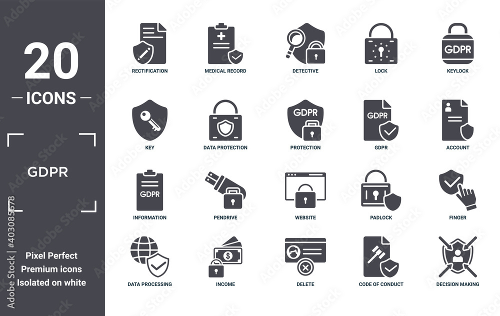 gdpr icon set. include creative elements as rectification, keylock ...