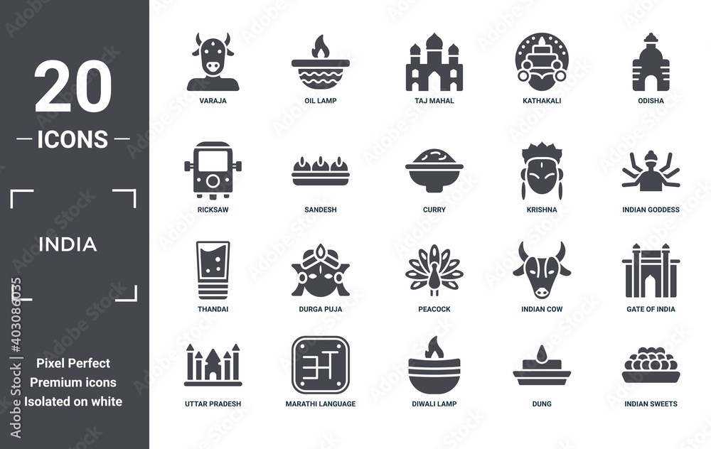 india icon set. include creative elements as varaja, odisha, krishna ...